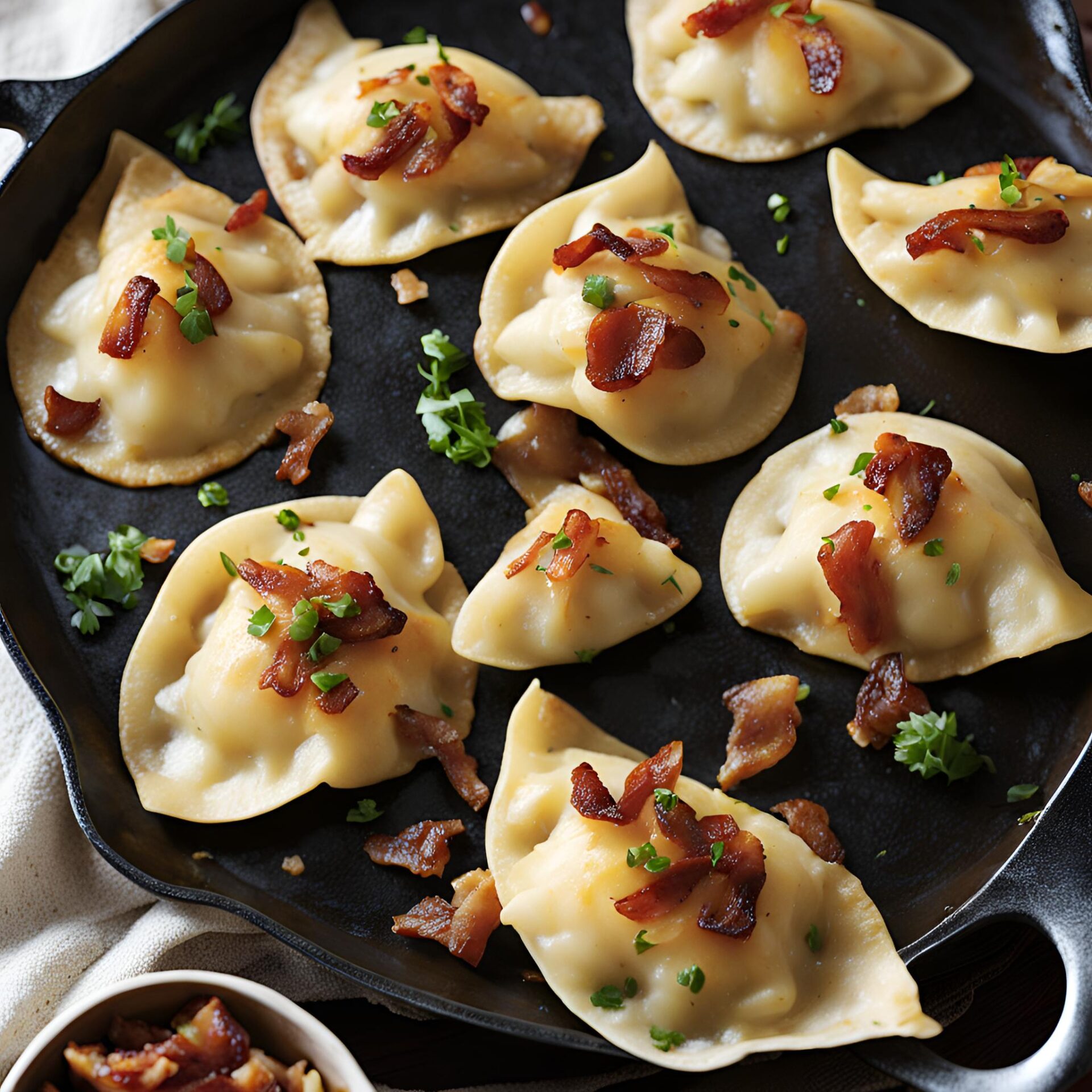 Cheddar Pierogies with Caramelized Onions and Bacon Recipe | Cheff Recipes