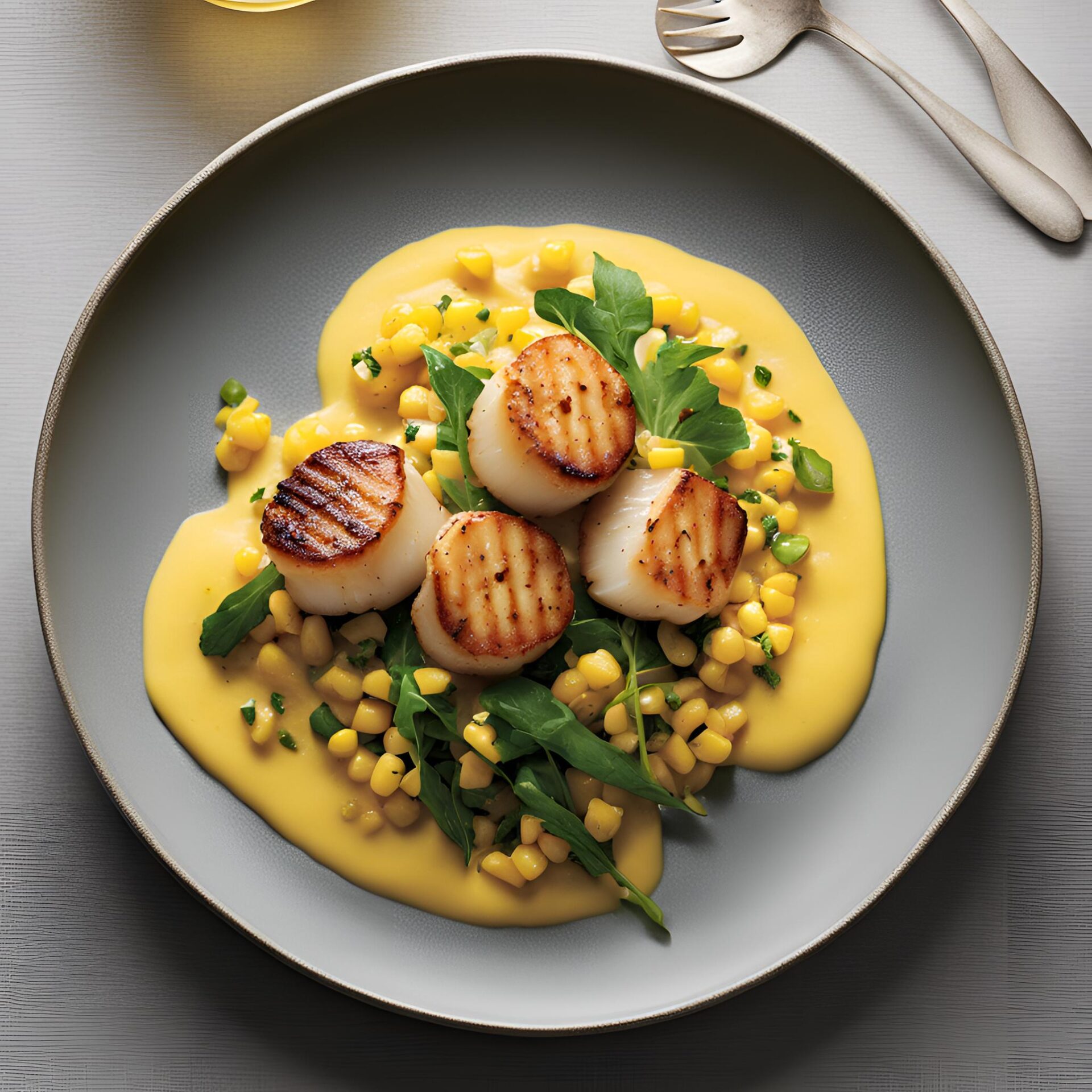 Seared Scallops with Smoky Sweet Corn Puree | Cheff Recipes
