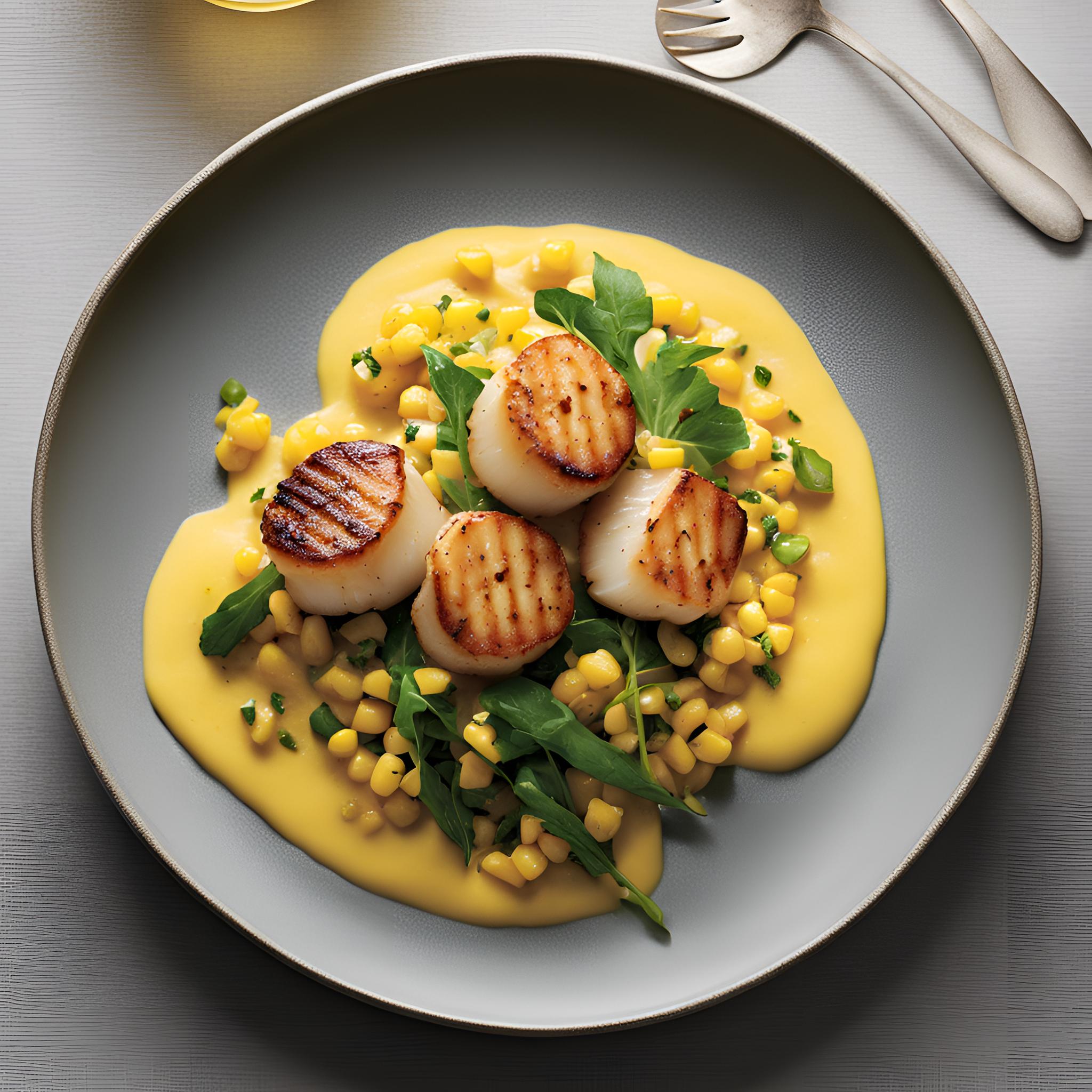 Seared Scallops with Smoky Sweet Corn Puree | Cheff Recipes