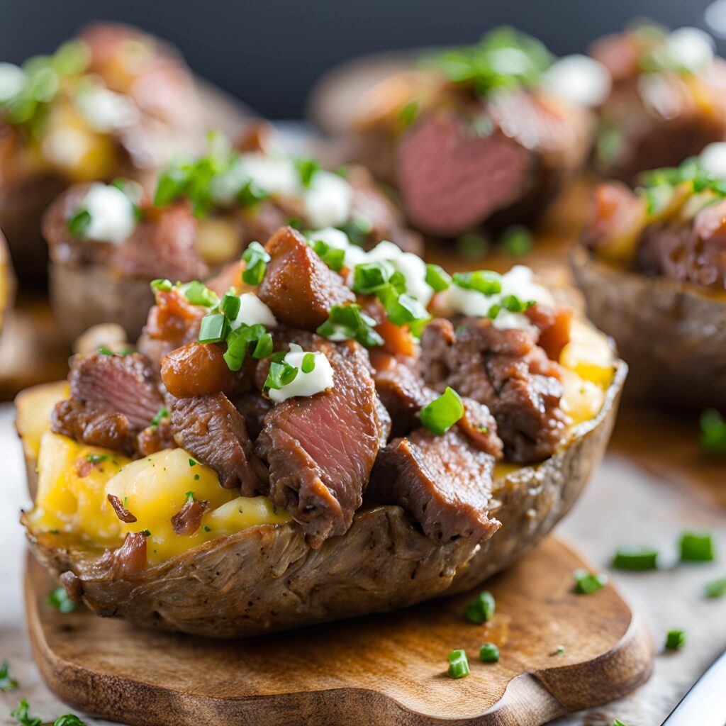 Steak Bites on Loaded Baked Potatoes Recipe | Cheff Recipes